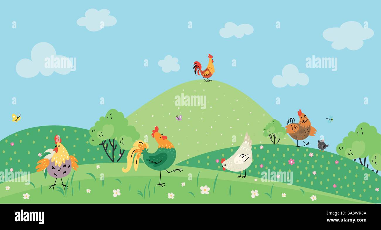 Chicken on meadow with grass and flowers. Cartoon hen rooster chick ...