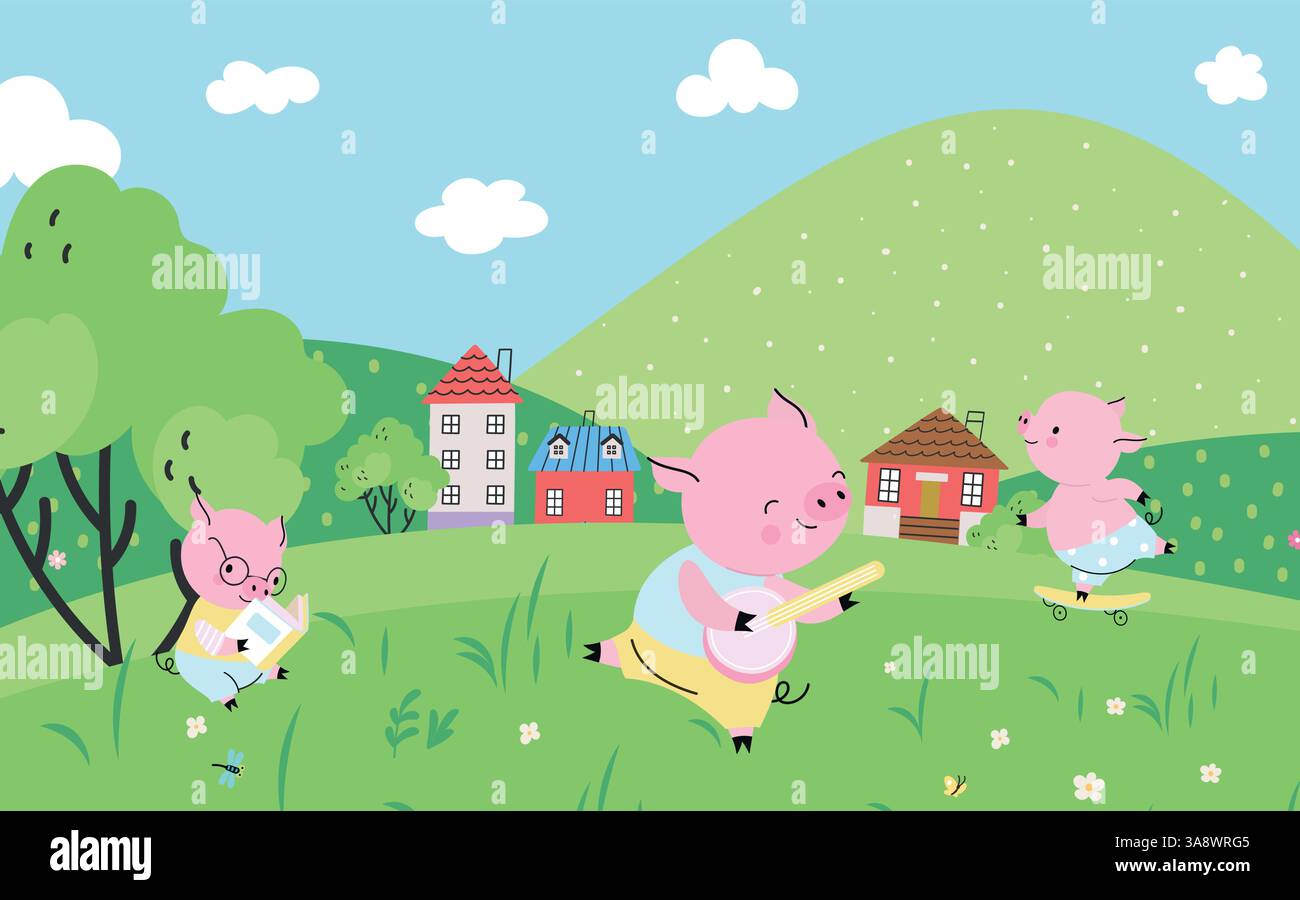 Three pigs plays on meadow. Cartoon pig reading book, dancing and ...