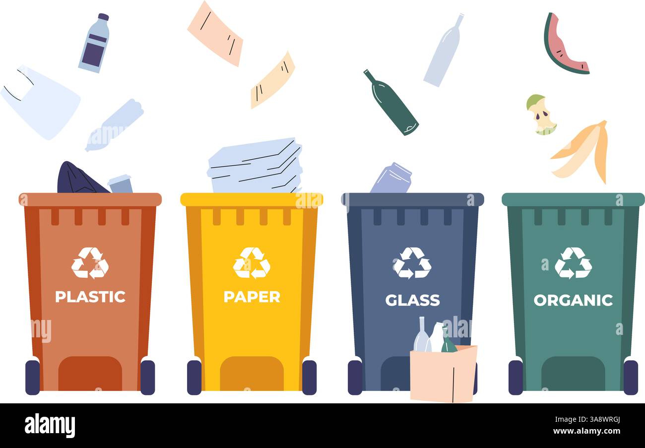 Sorting waste special street containers. Bins for plastic paper glass and organic trash. Banana ...