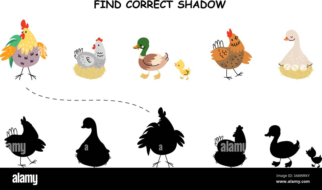 Kids puzzle game with cartoon farm birds. Find correct shadow of ...