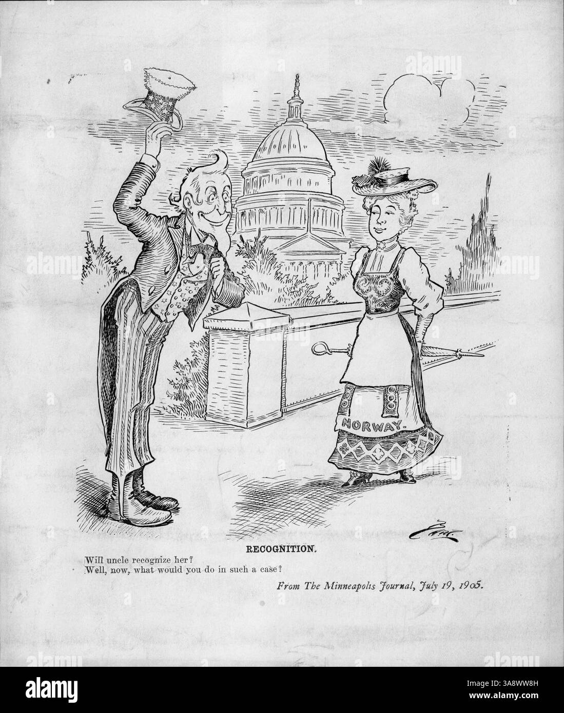 This illustration shows Uncle Sam tipping his hat to Norway ...