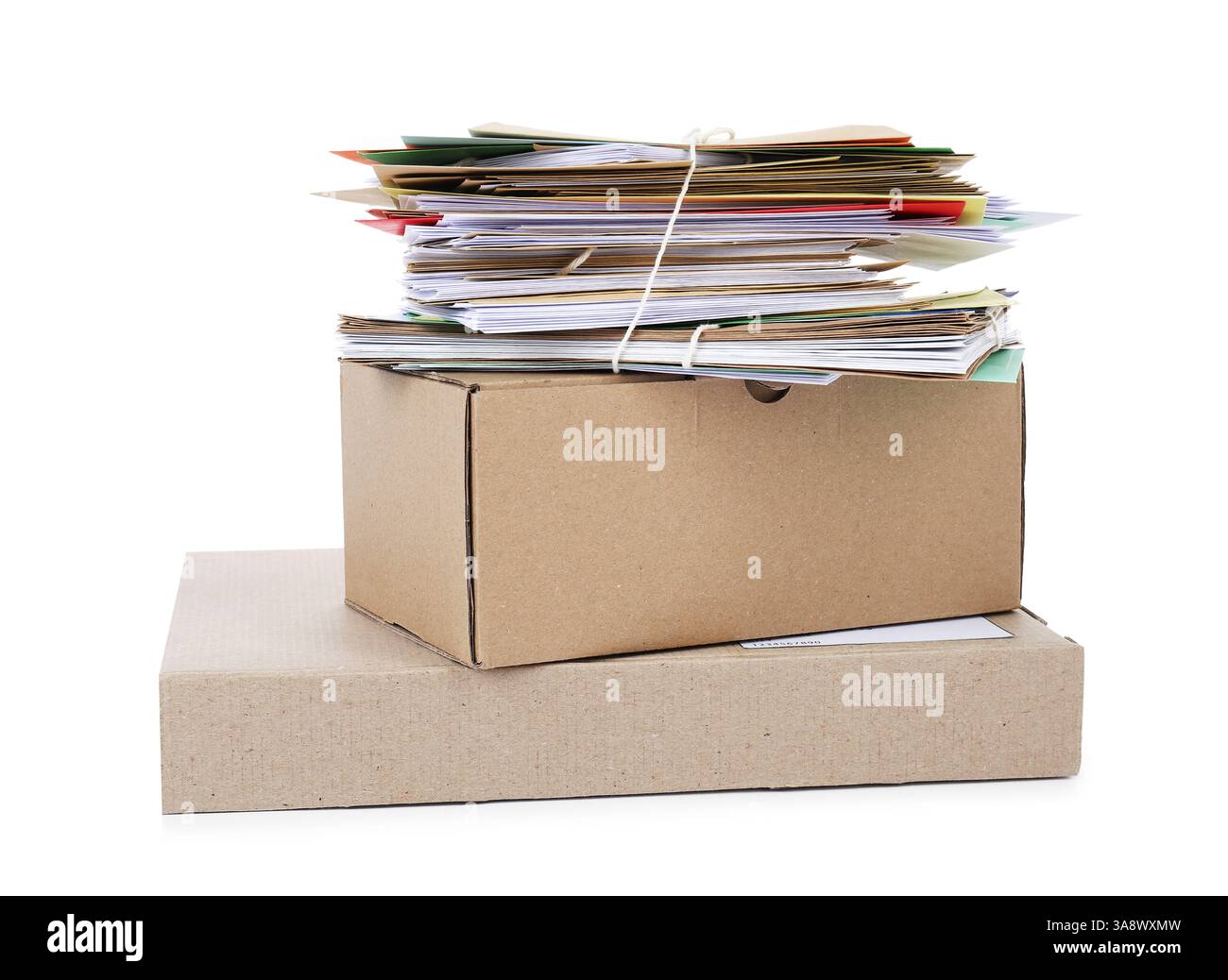 Stack of different paper envelopes and parcels on white background ...