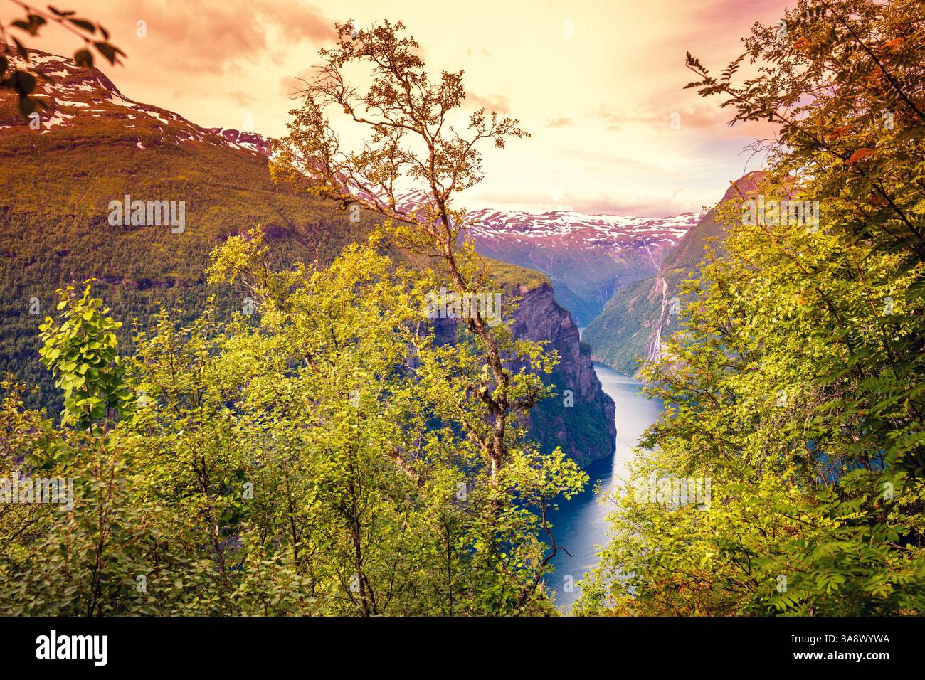 View of the Geiranger fjord from Ornesvingen Viewpoint. Beautiful ...