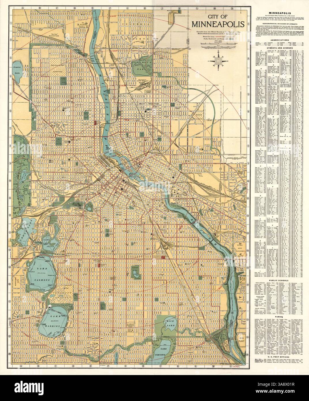 A four-color fold-out map of Minneapolis, detailing streets, parks ...