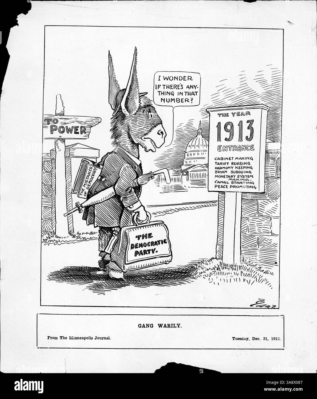 A political cartoon from 1913 depicts the Democratic donkey carrying a ...