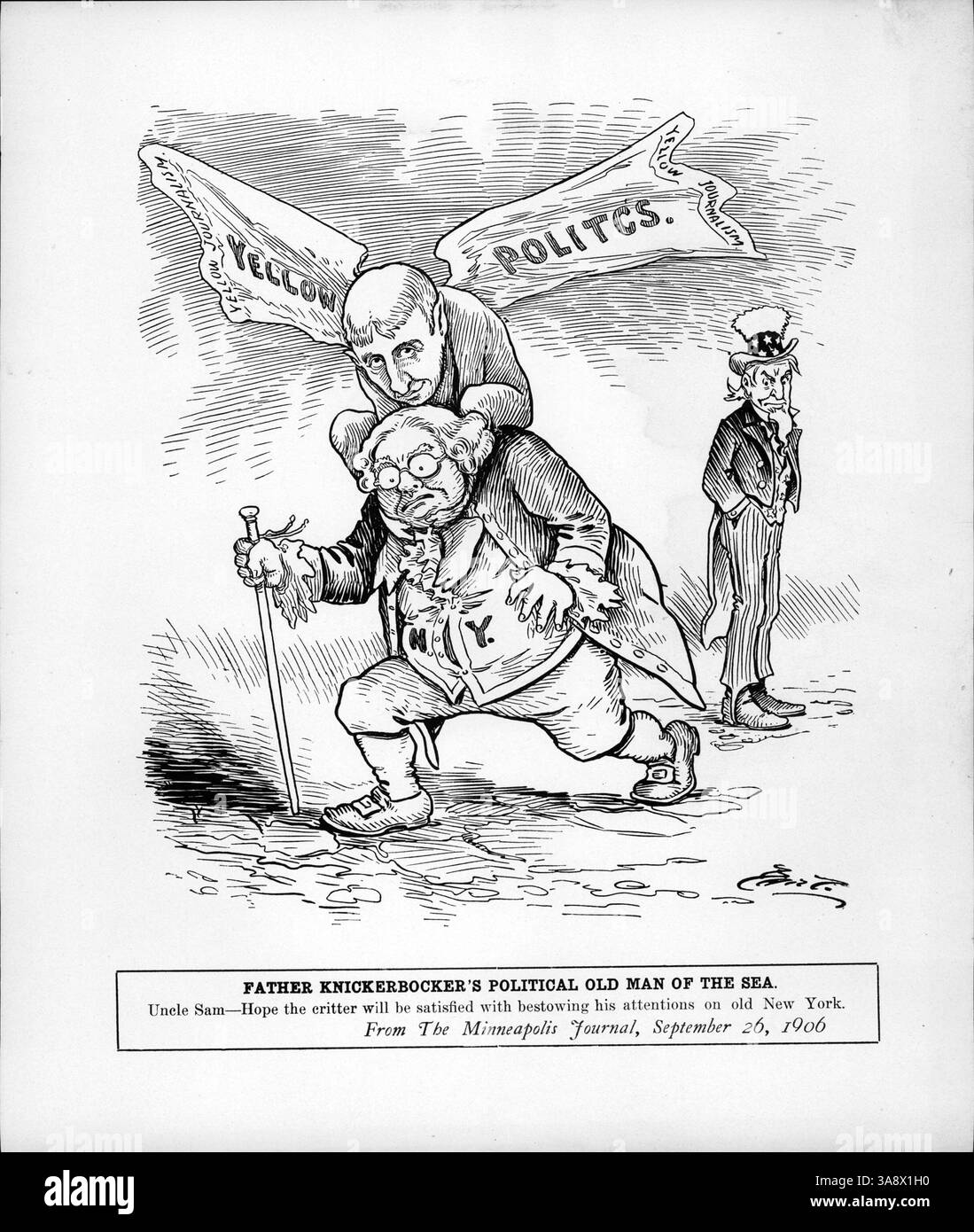 This political cartoon features Father Knickerbocker, representing New ...