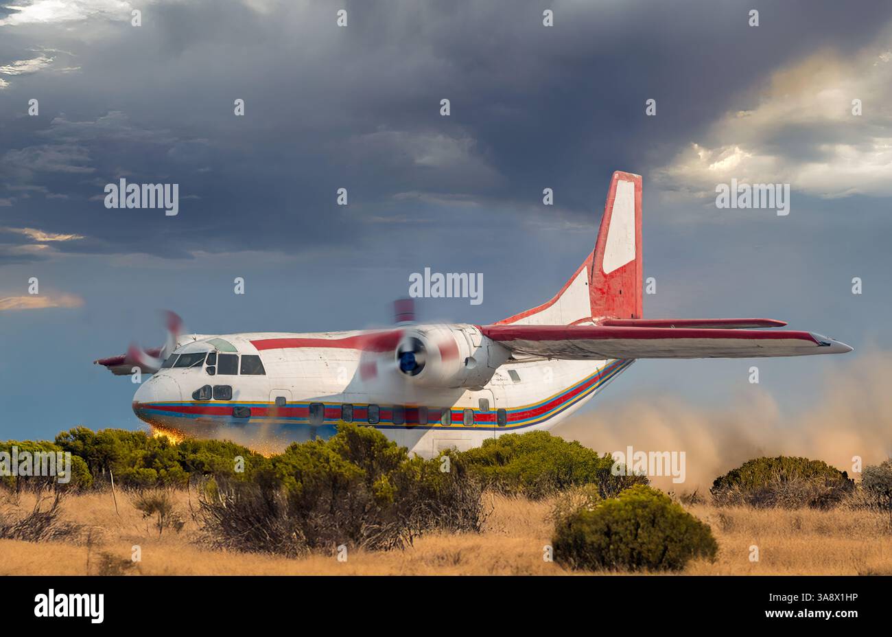 Damaged propeller plane makes a hard landing on a plain Stock Photo - Alamy
