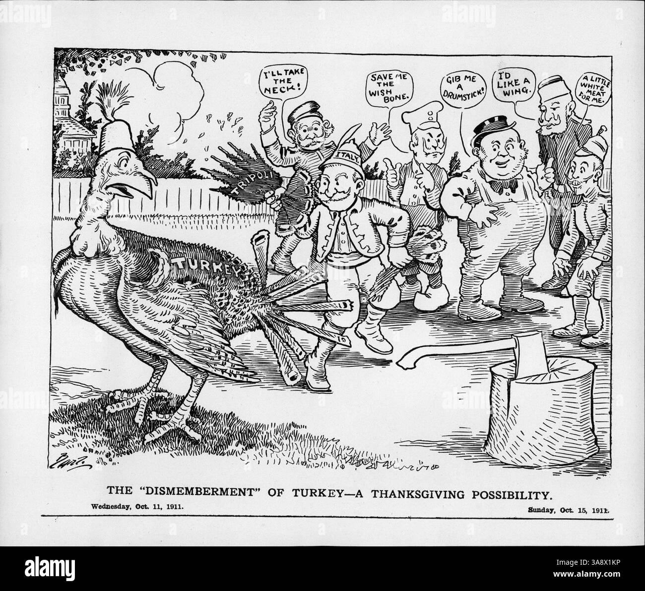 A political cartoon depicting a large turkey wearing an Ottoman hat ...