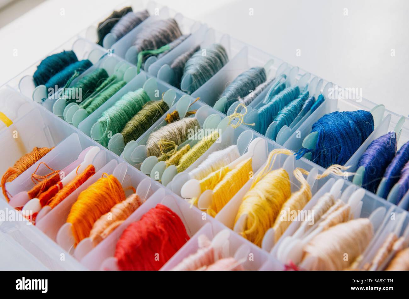 Collection of colourful embroidery threads in an organiser Stock Photo ...