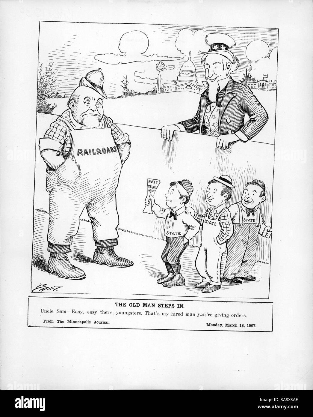 This political cartoon depicts Uncle Sam intervening in the railroad ...