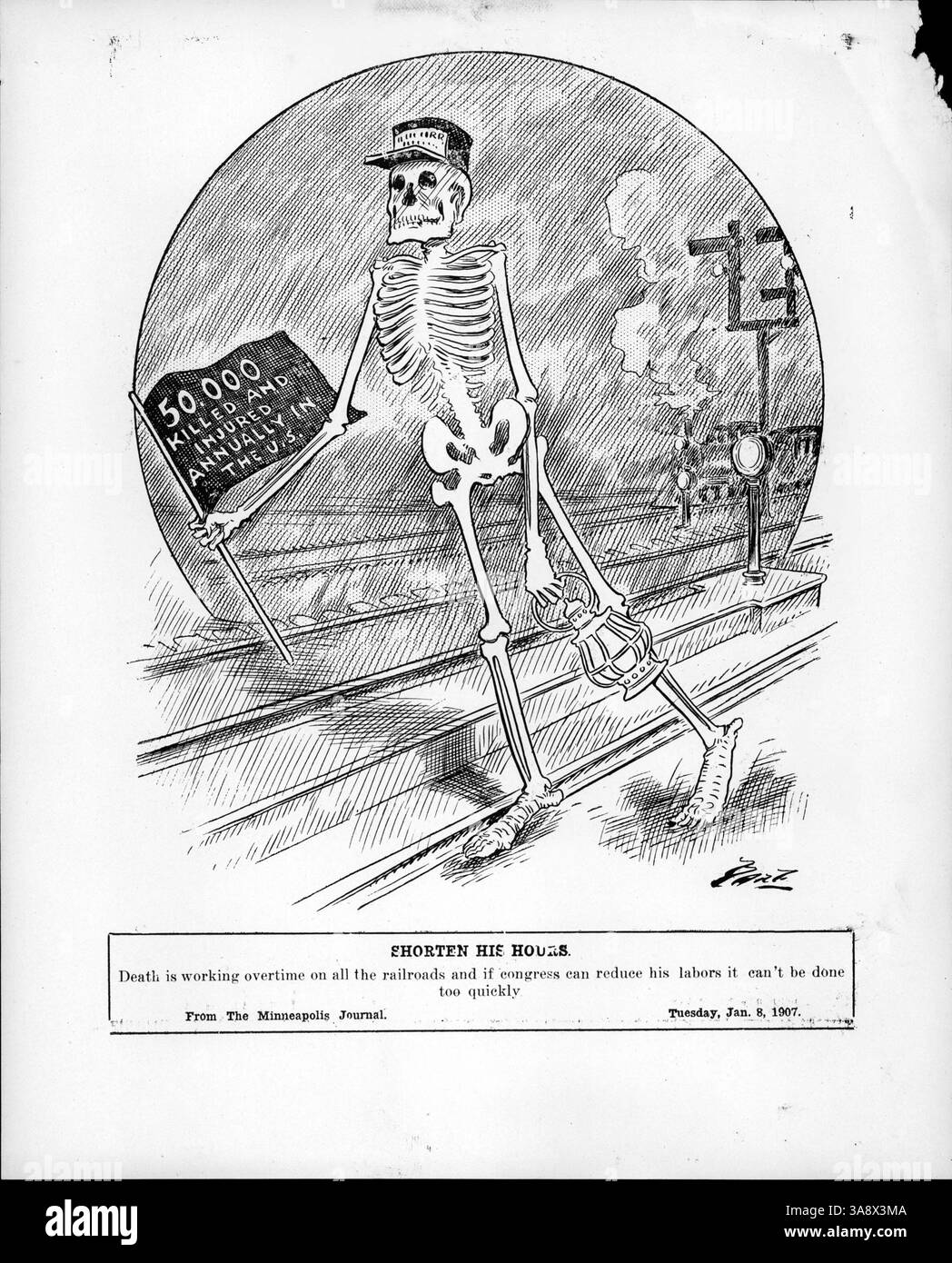 This political cartoon depicts death standing by railroad tracks hi-res ...