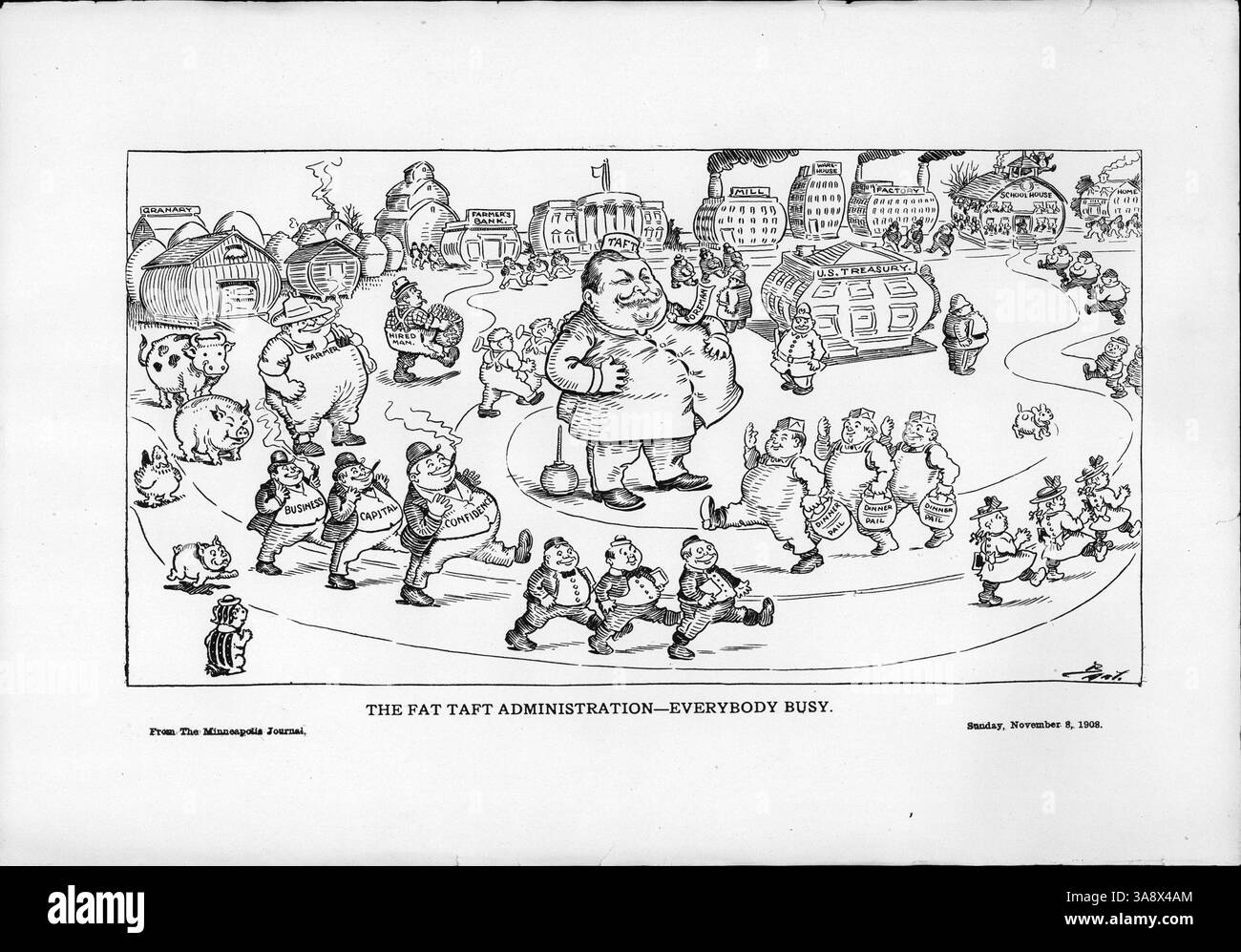 The cartoon illustrates president taft overseeing a large workforce hi ...
