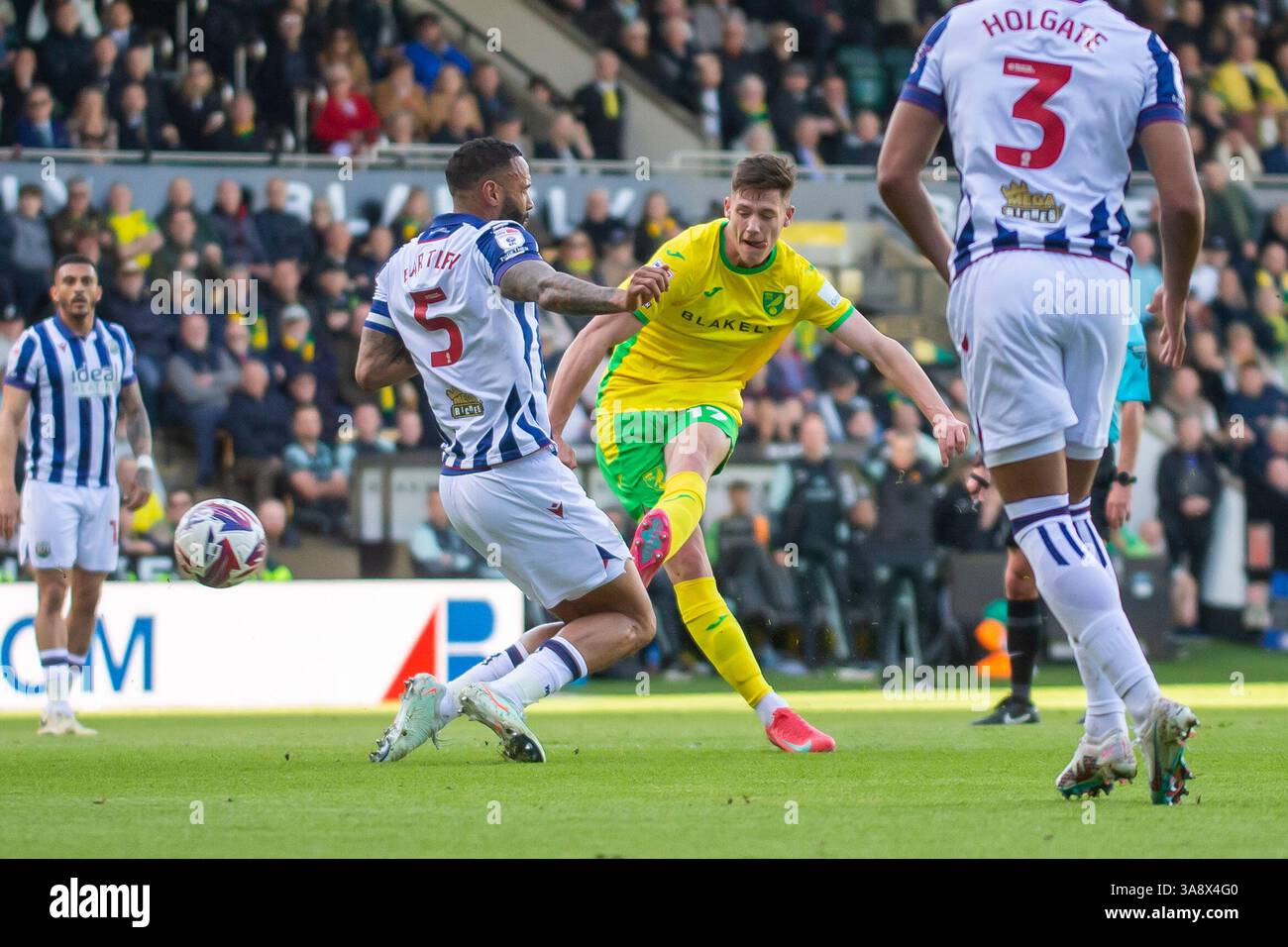 Norwich, UK. 29th Mar 2025. Ante Crnac of Norwich City takes a shot on ...