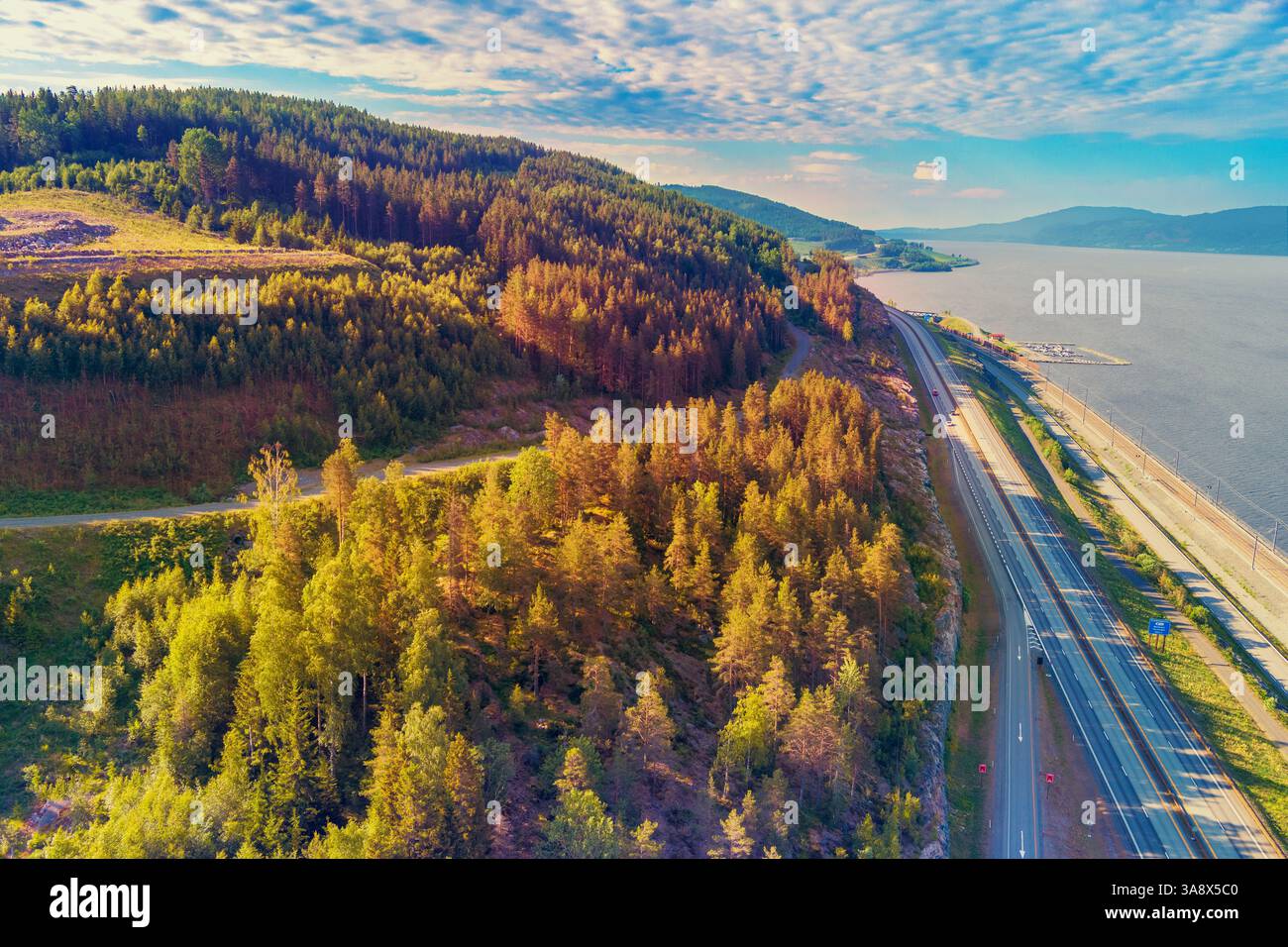 Aerial view of the beautiful Lake Mjosa and the highway. Norway Stock ...