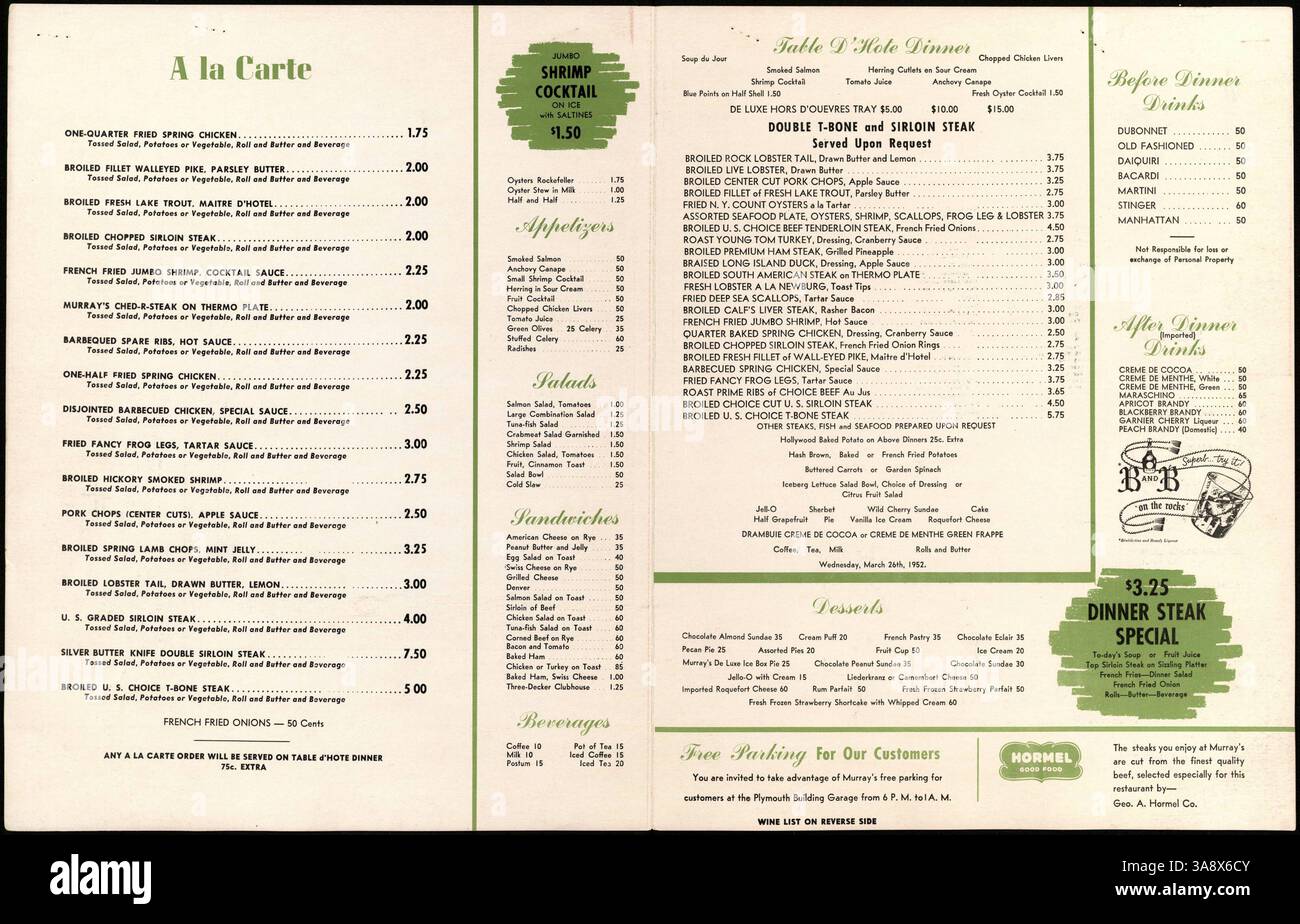 A second view of Murray’s restaurant menu, showing additional offerings ...