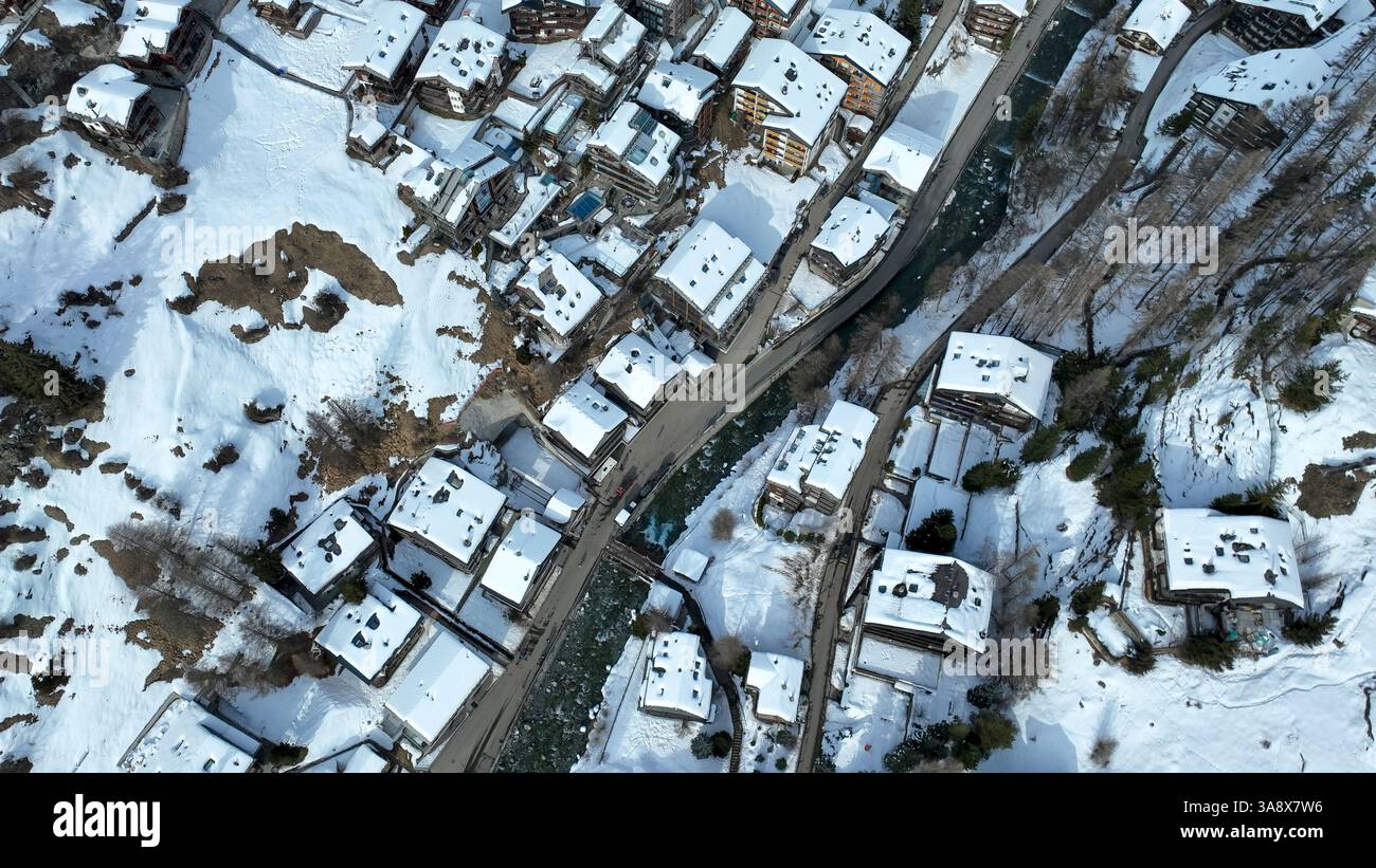 Zermatt town and Matterhorn mountain aerial panoramic view in the ...
