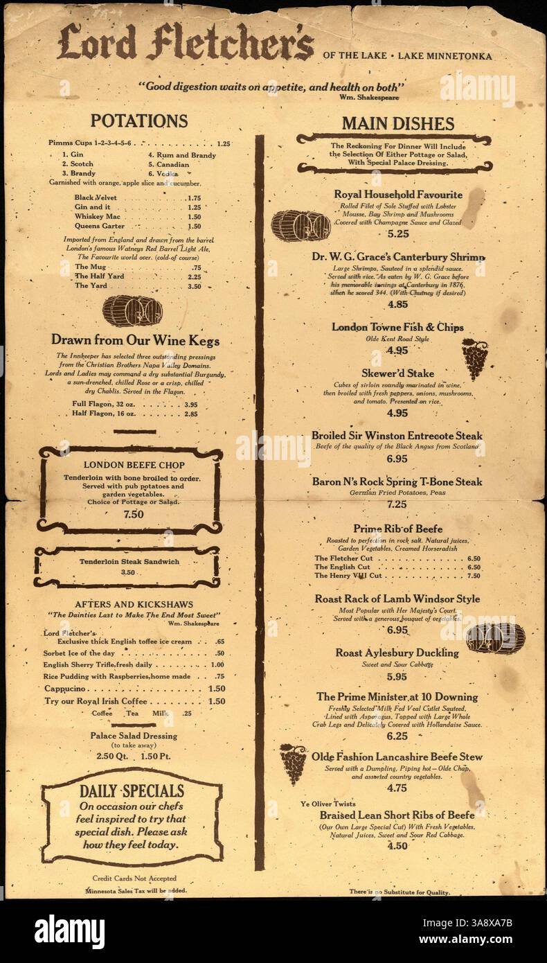 This menu from lord fletchers offers mixed drinks hi-res stock ...