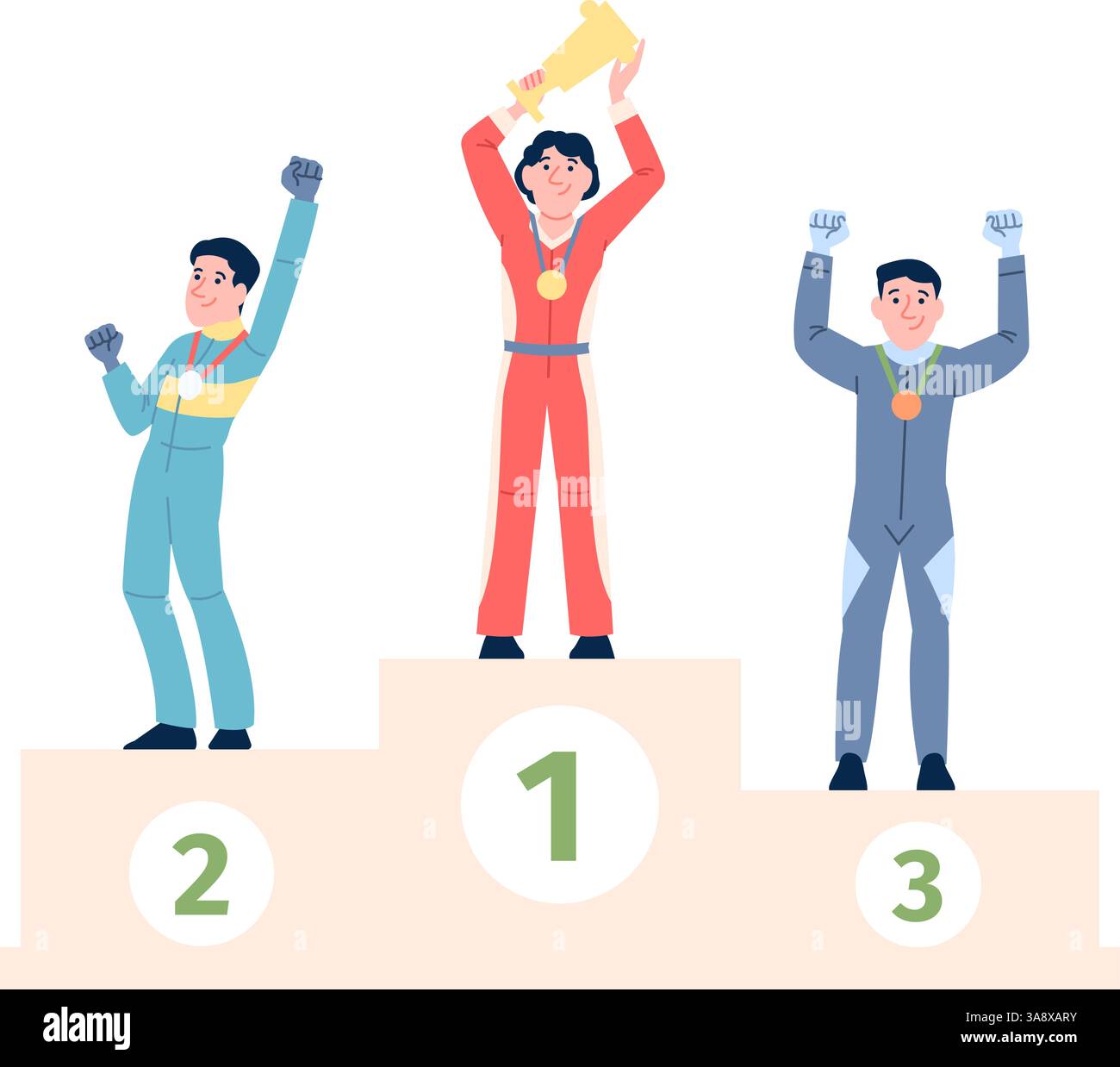 Racer winner podium. Racing drivers with golden cup and medals. Happy ...