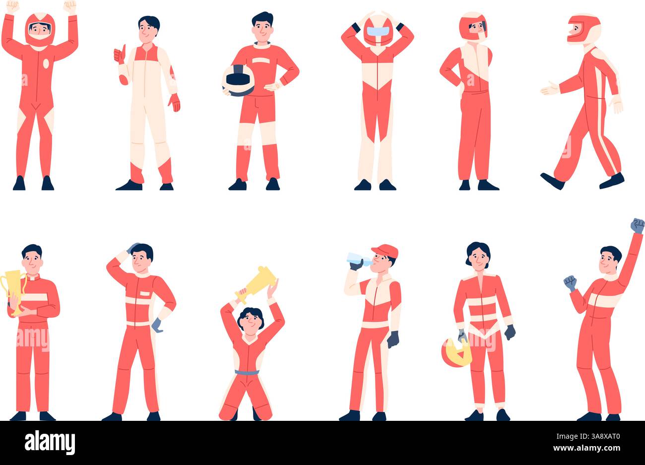 Flat racer characters. Racing drivers in uniform standing with golden ...