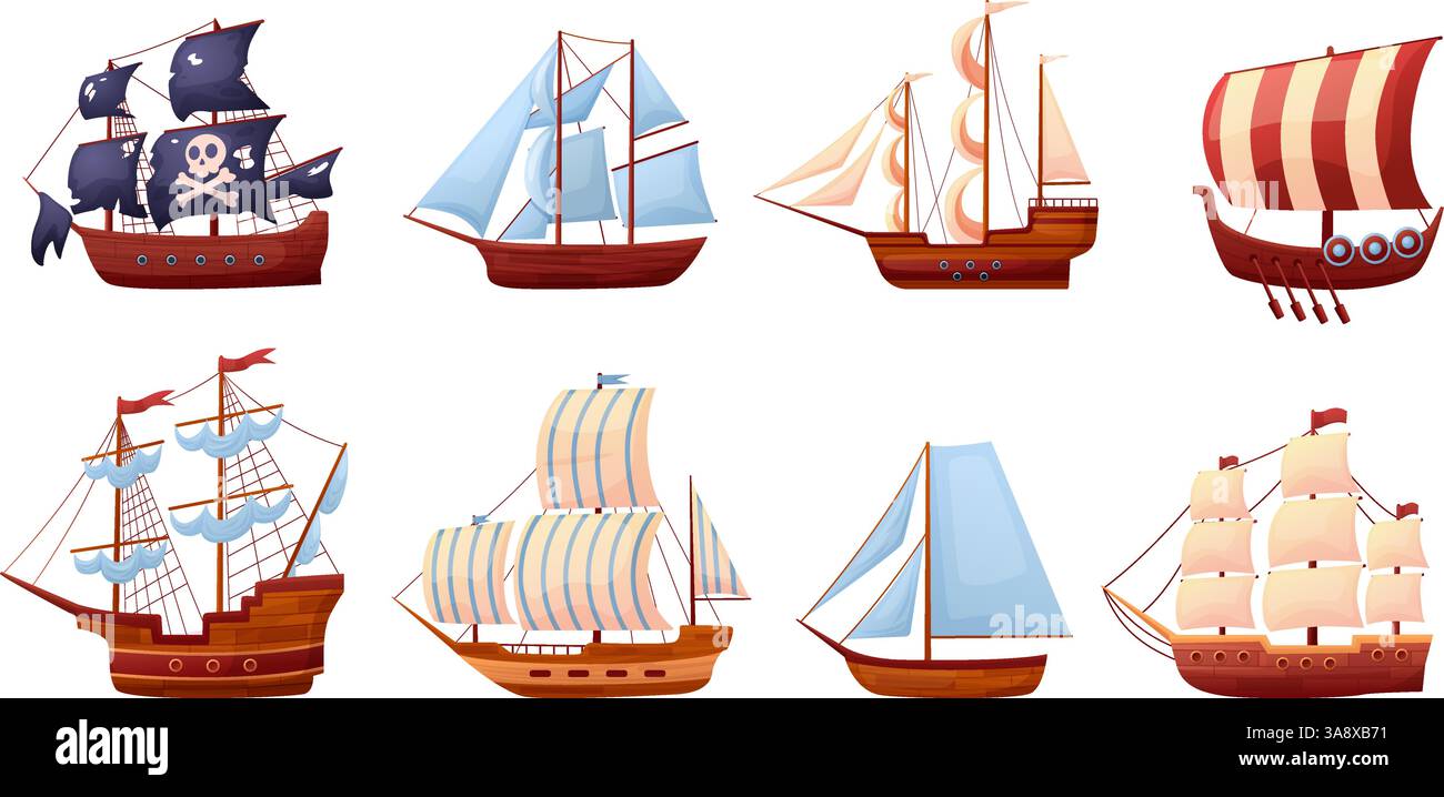 Wooden ships. Old style sailing ship, pirate frigate, sail boat ...