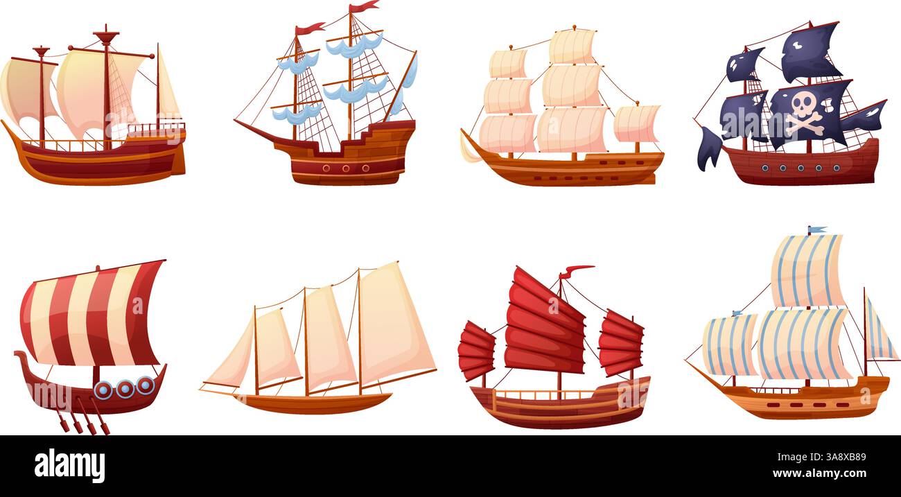 Old wooden sailboats. Vintage fregate and sailboats, cartoon isolated ...