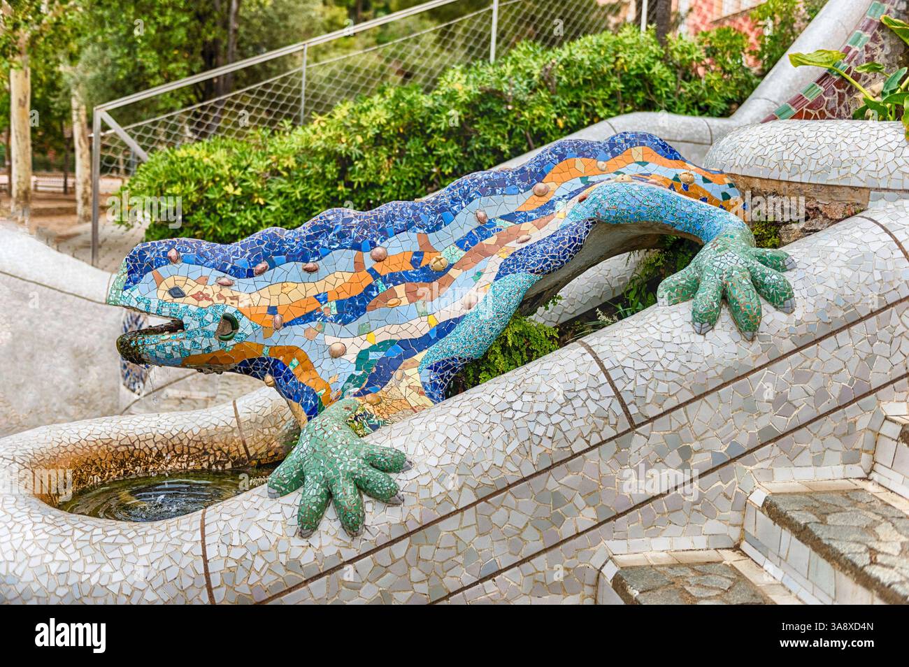 Multicolored sculpture with mosaic salamander or lizard, also known as ...