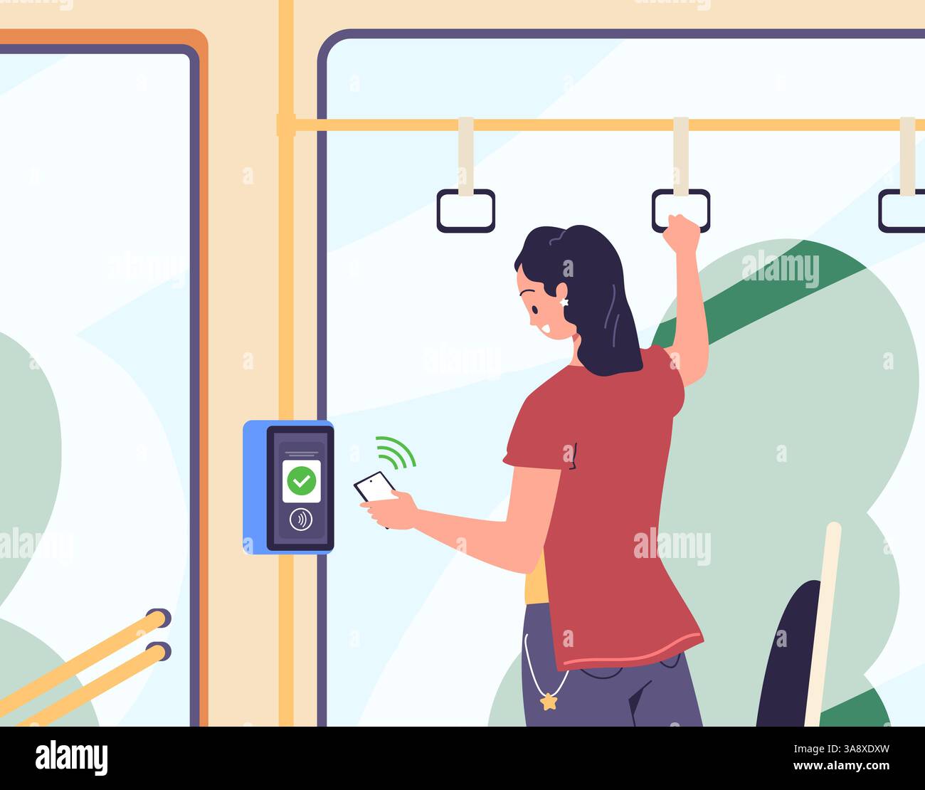 Bus payment. Woman pay transportation ticket to phone, public transport ...