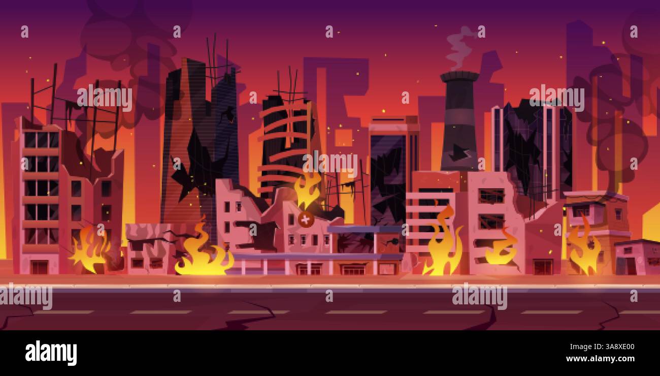Burn city. Fire street burning buildings with smoke, war zone destroy ...