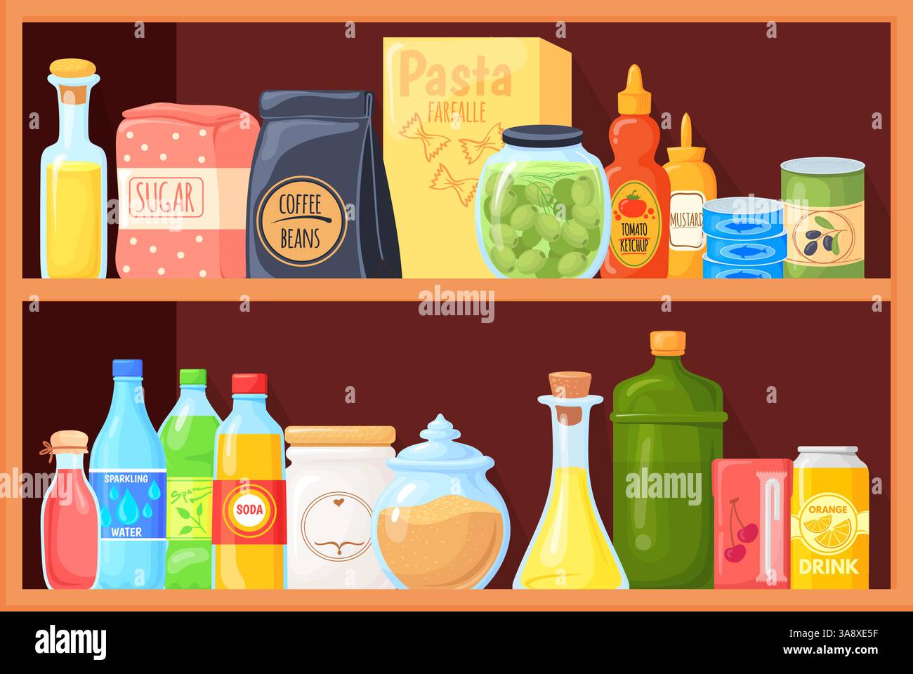 Kitchen cupboard shelves. Cartoon cooking shelf with spice jars ...