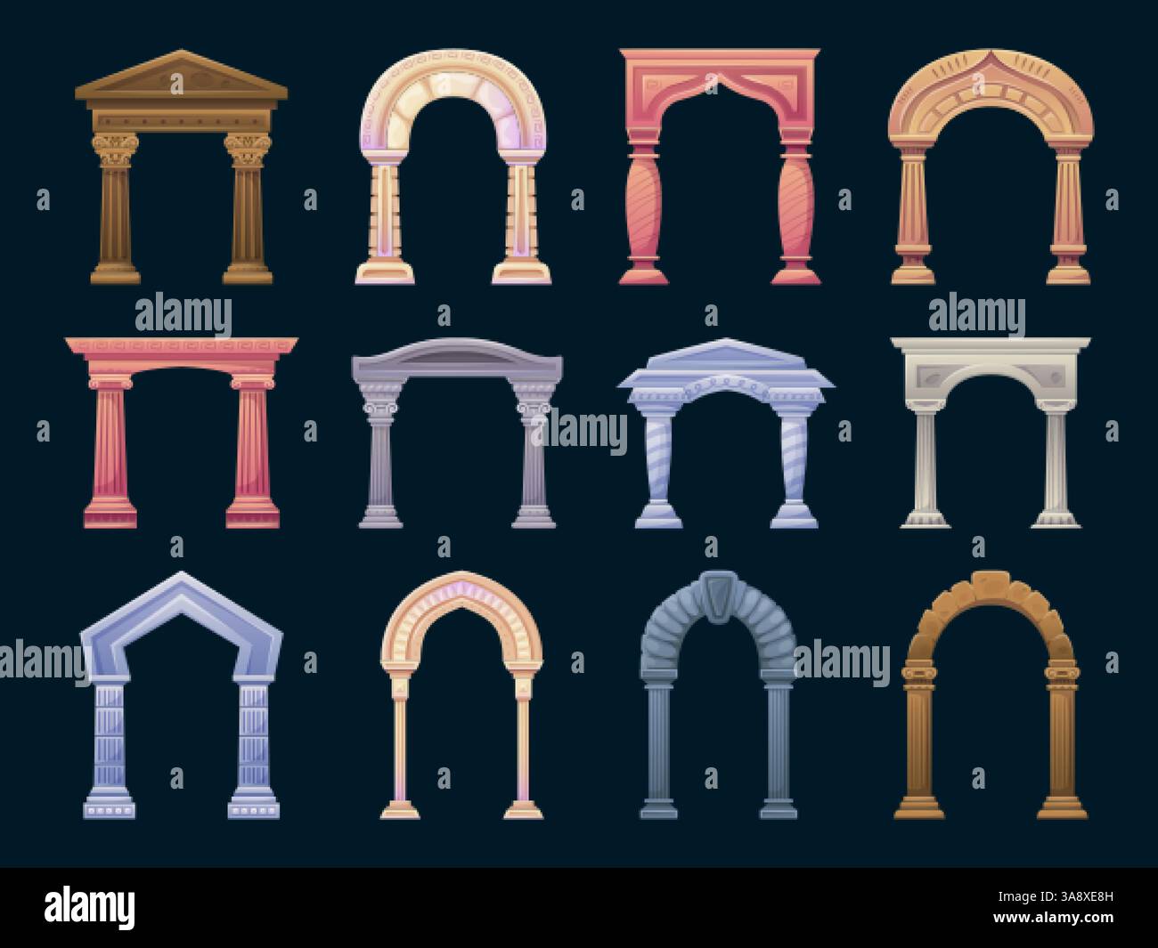 Cartoon ancient arches. Stone archway, arch entrance gate in roman palace or greek castle temple ...