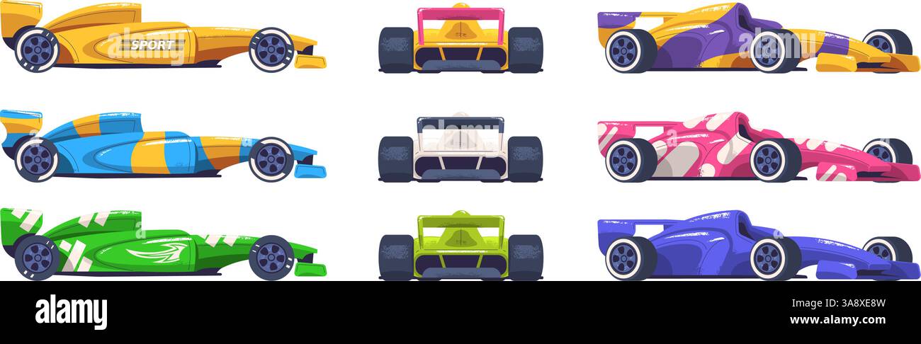 Cartoon formula cars. F1 racing car front side view, racecar design ...