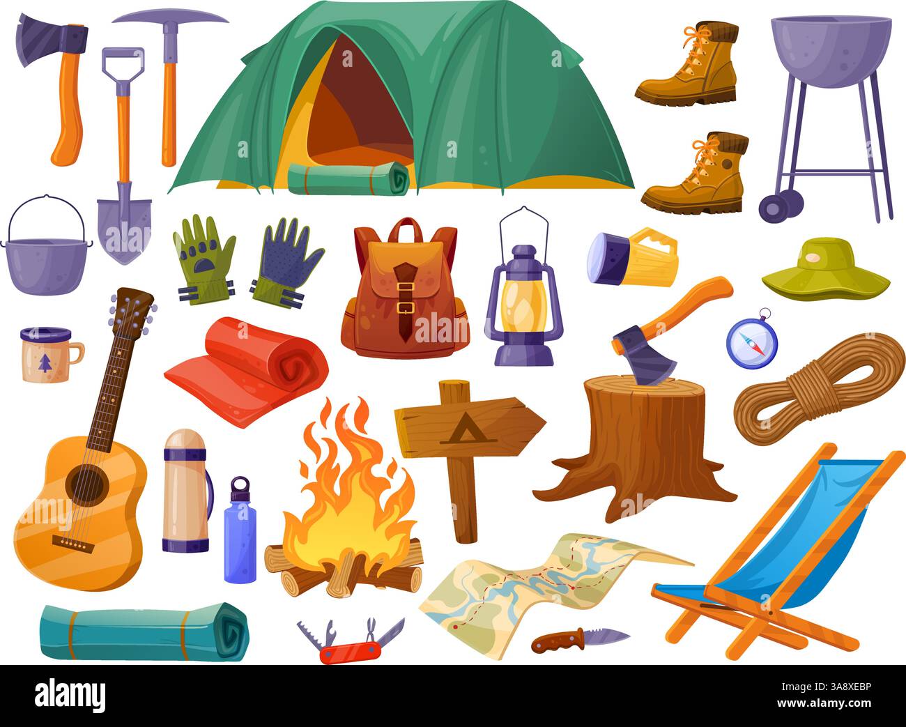 Cartoon hiking gear. Camping equipment, tourist adventure hike items ...