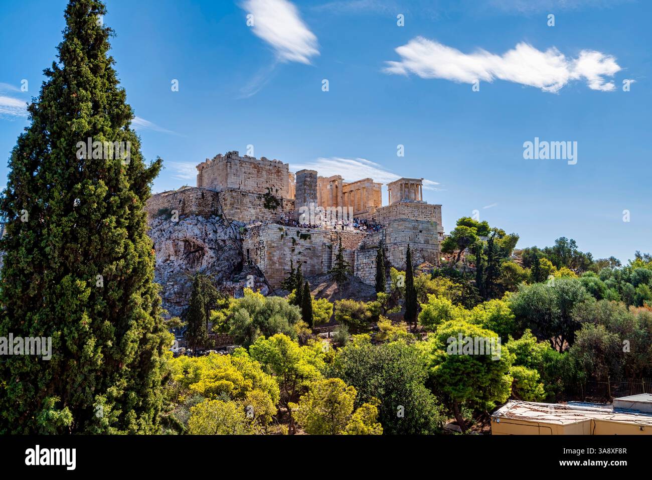 Wide view of the Acropolis in Athens, Greece, showing ancient ruins including the Propylaea and ...