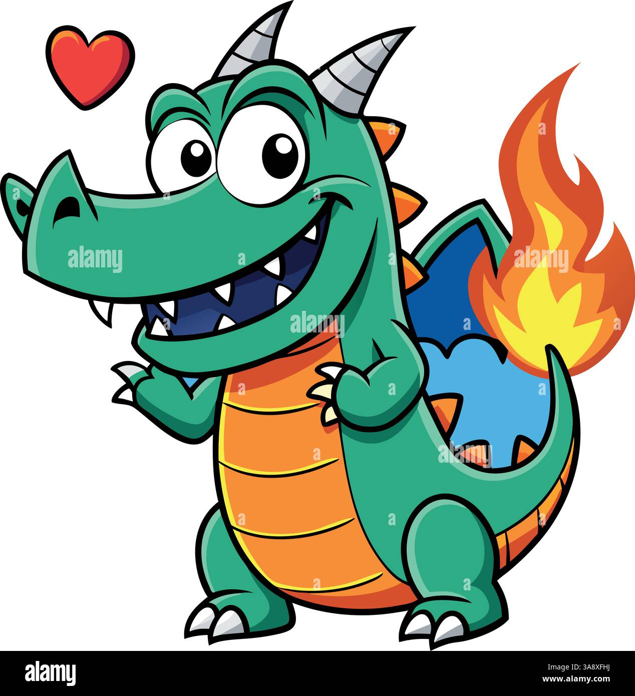Cute cartoon dragon breathing fire vector illustration Stock Vector ...