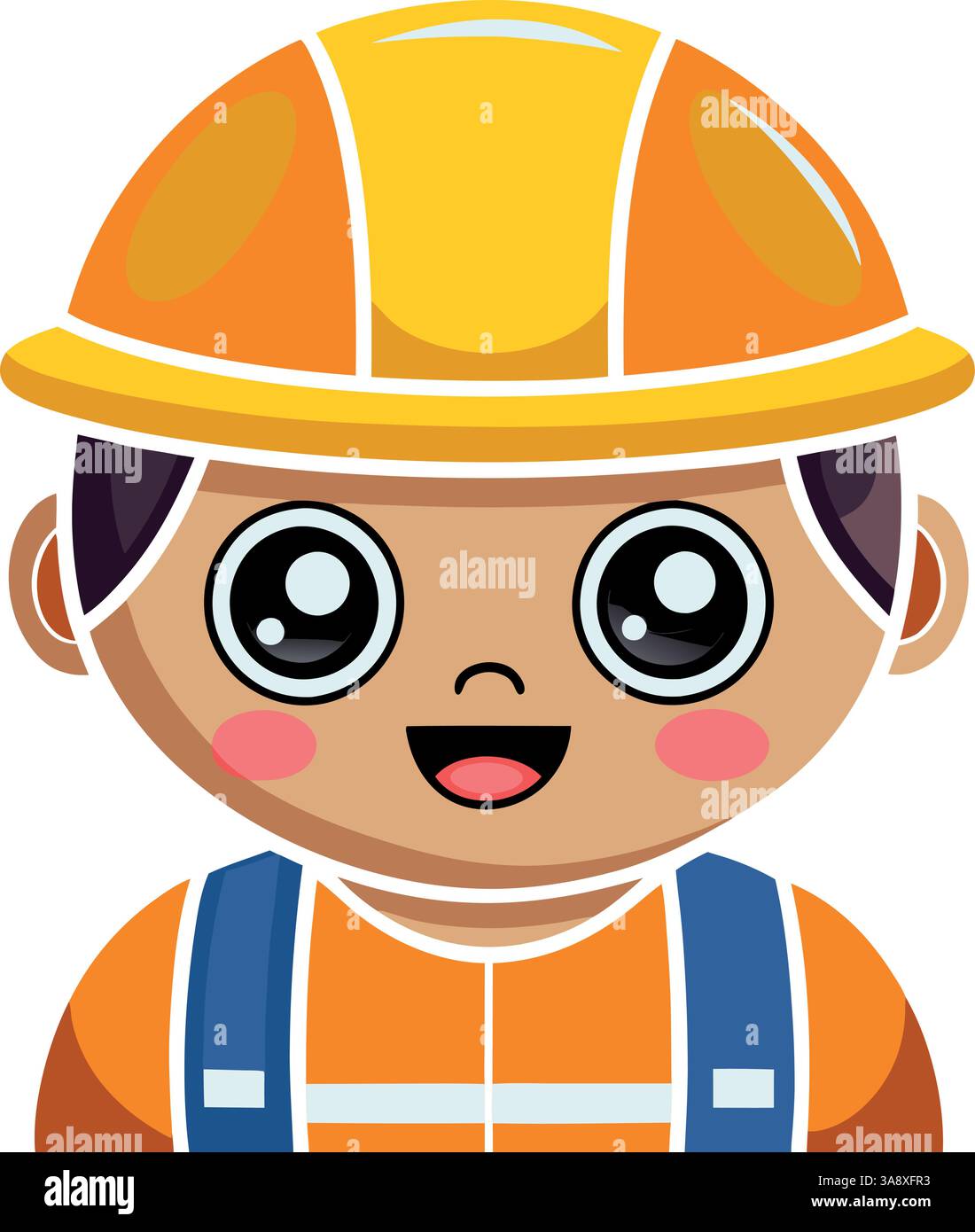 Happy construction worker wearing a yellow hard hat and blue overalls ...