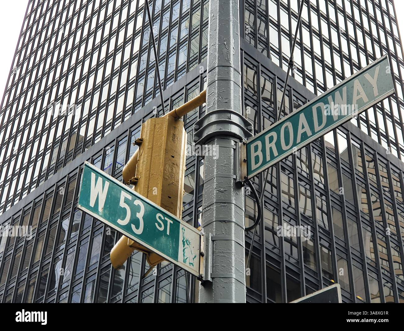 Close up of the street sign on the crossing of Broadway and West 53rd ...