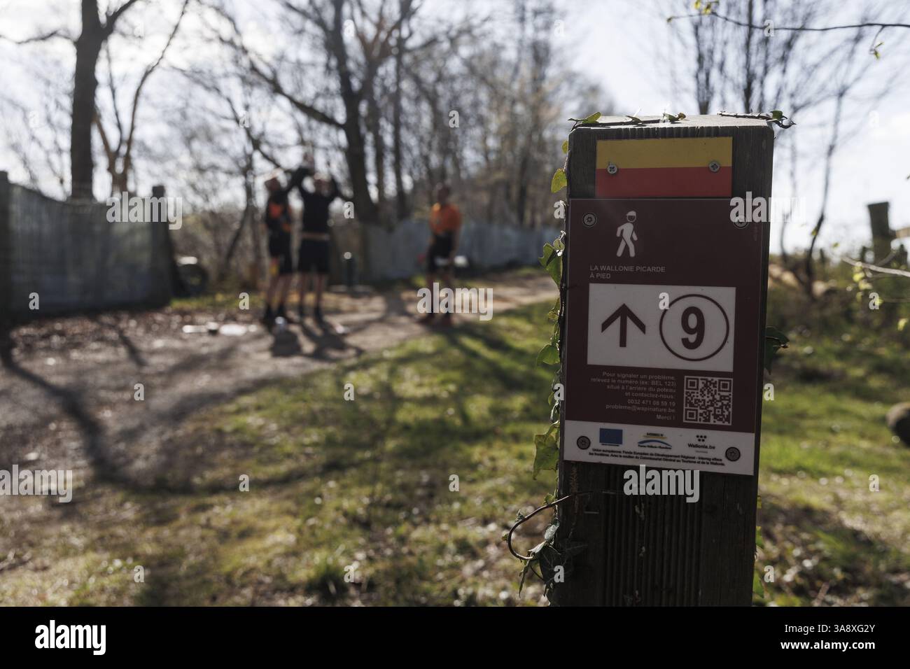 Illustration picture shows a road sign indicating different hiking ...