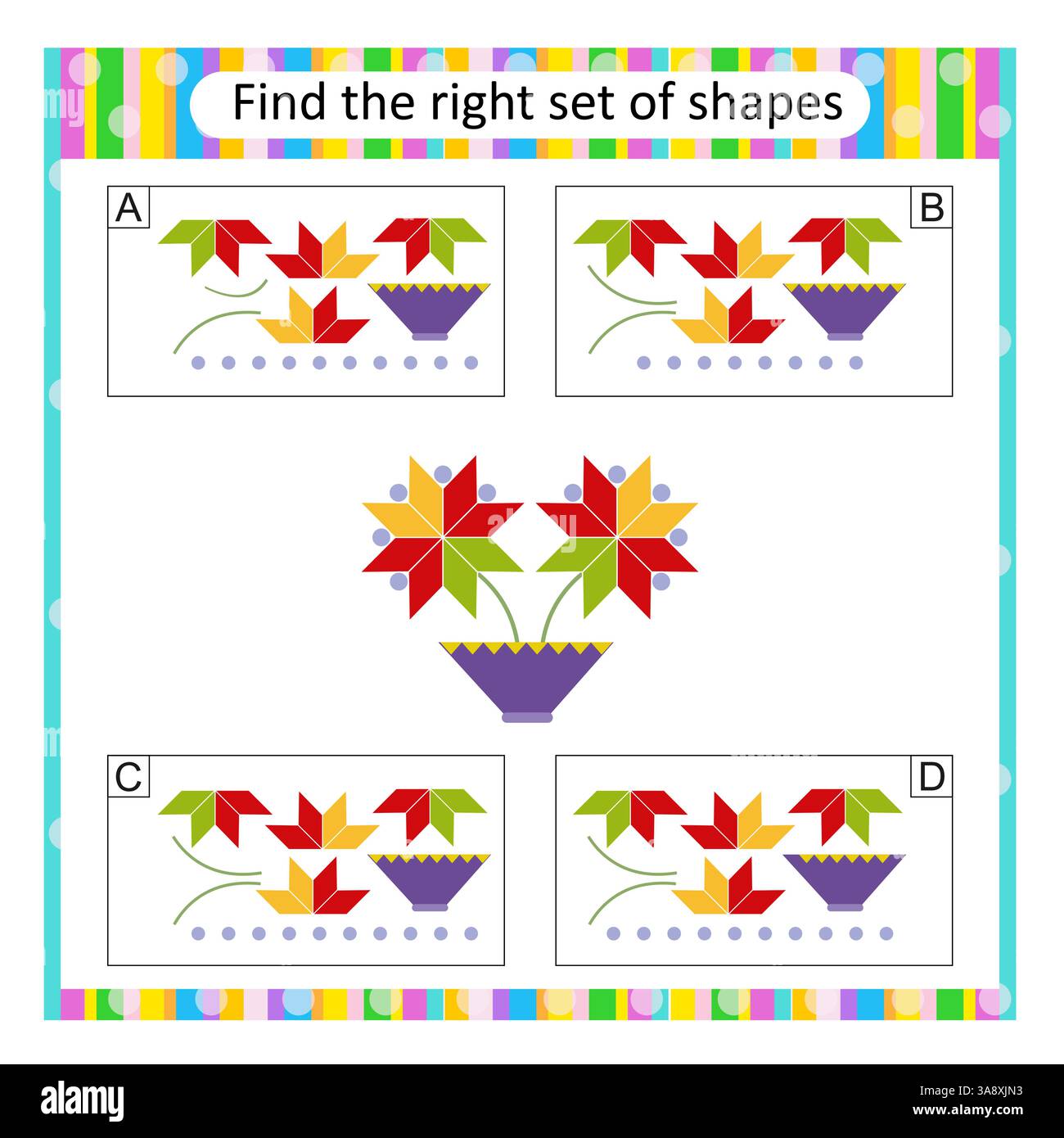 Puzzle for kids. Attention task. Find the correct set of cartoon ...