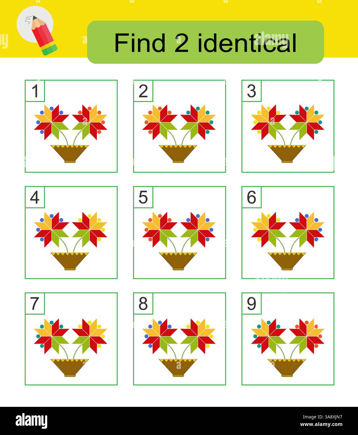 Fun puzzle game. Need to find two identical cartoon flowers. Answer is ...