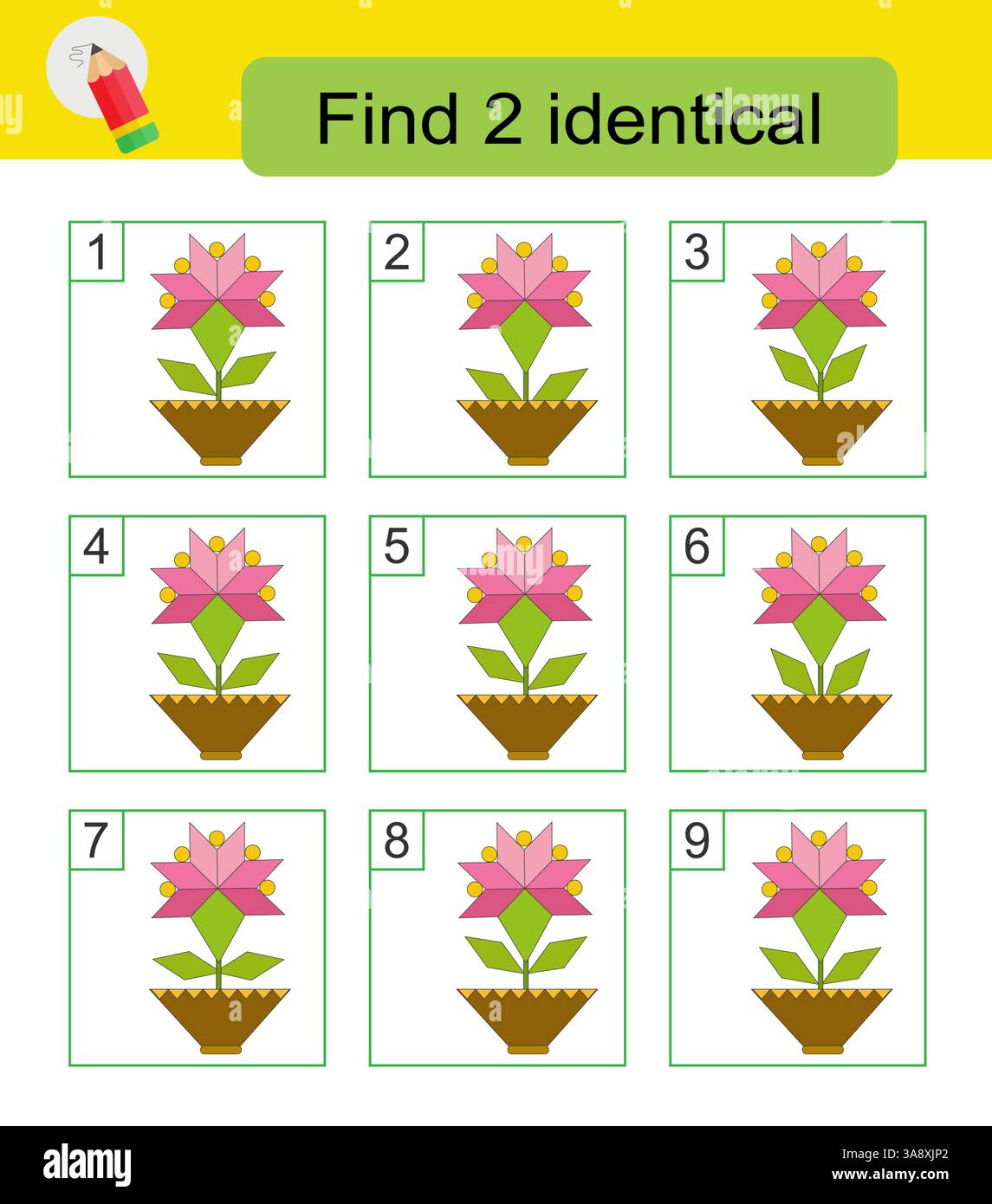 Fun puzzle game. Need to find two identical cartoon flowers. Answer is 4,9. Vector illustration ...