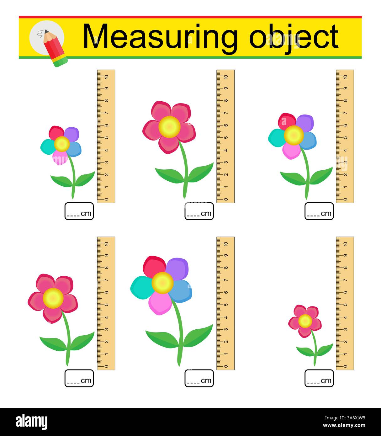 Worksheet for preschool kids. Measuring the length of cute flowers with ...