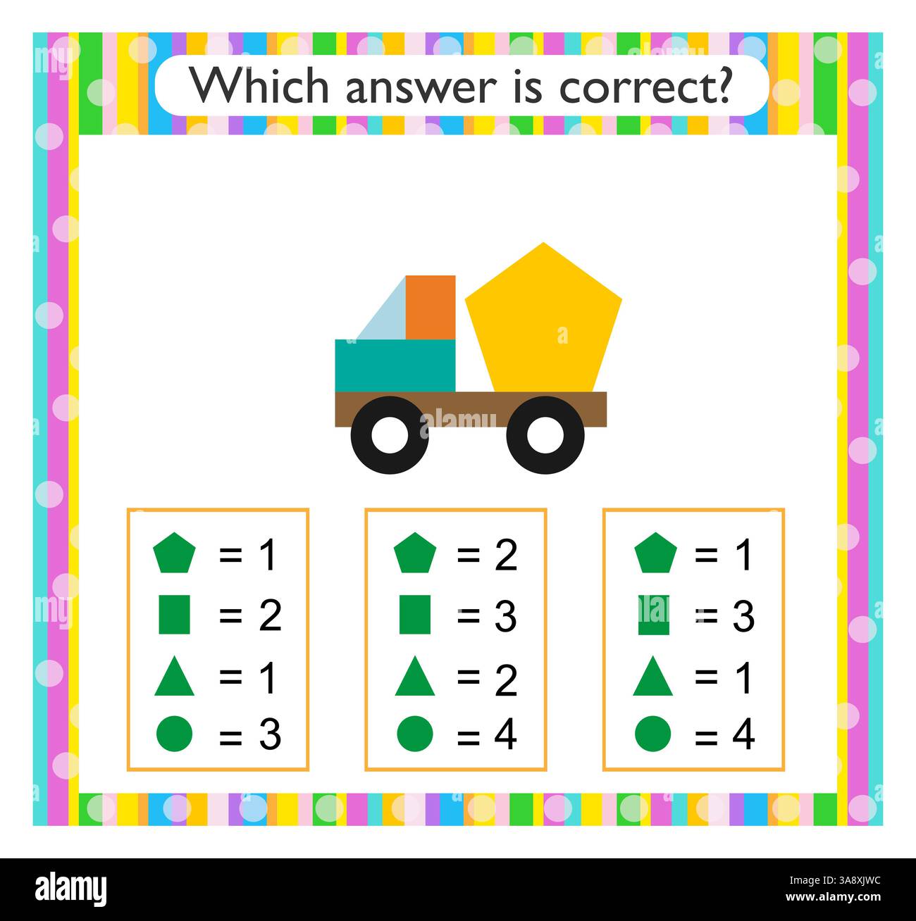 Math activity for kids. Find the correct answer. Cartoon truck. Vector ...