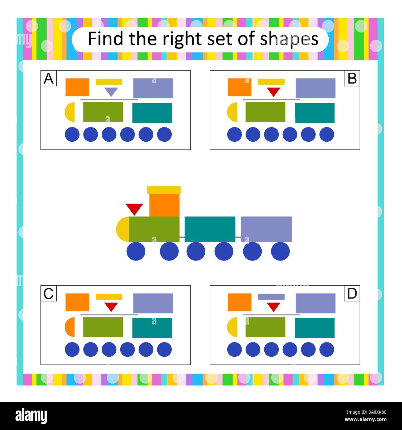 Puzzle for kids. Find the correct set of cartoon train. Vector ...