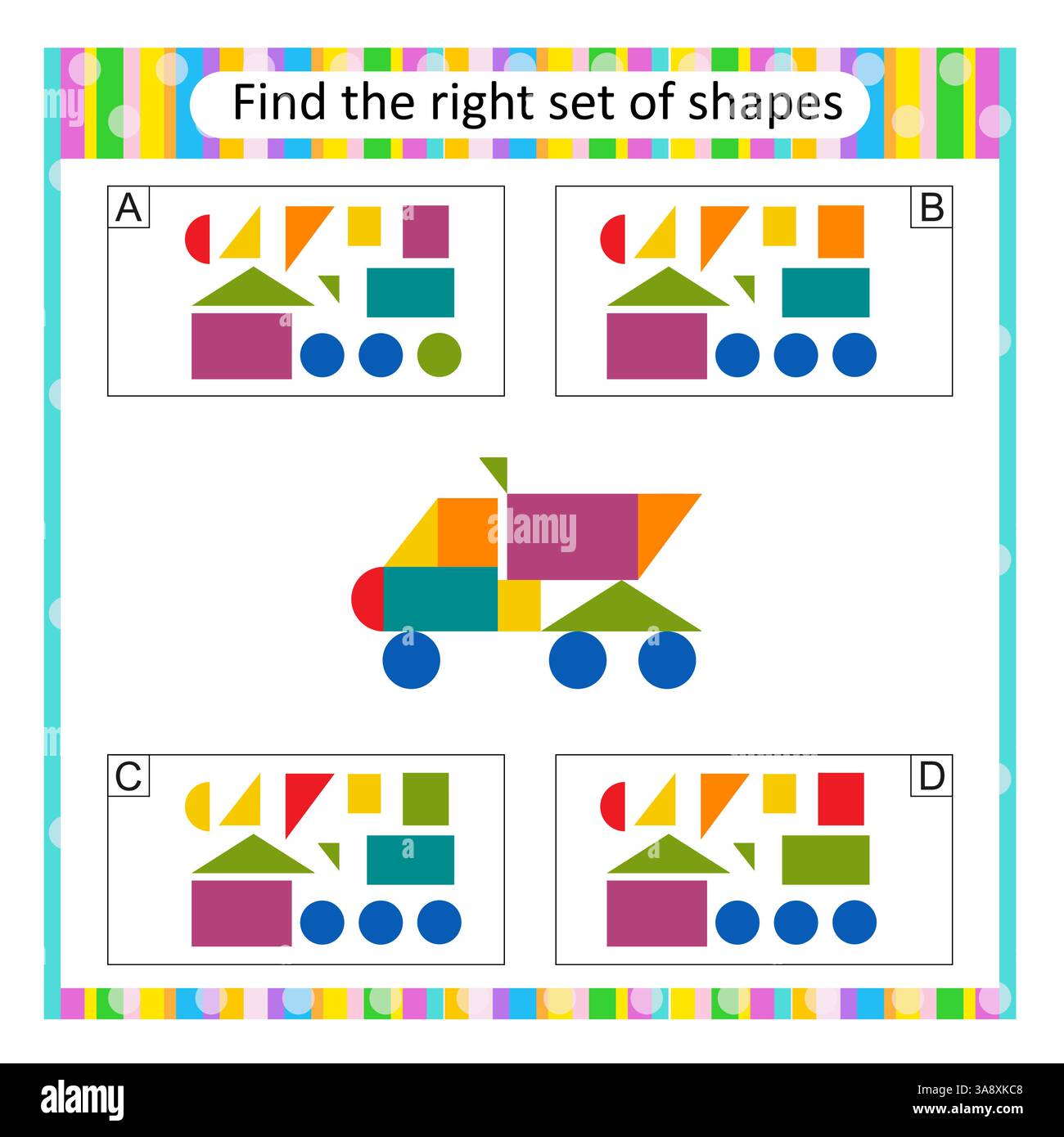 Puzzle game for children. Find the correct set of cartoon dump truck ...