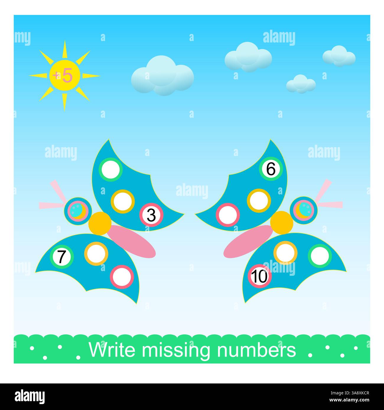 Math activity for children. Write missing numbers. Developing numeracy skills. Vector ...