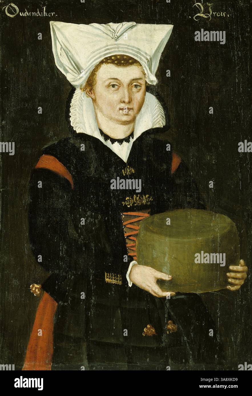 Woman from Oudendijk, a cheese in her hands. Part of a series of panels ...