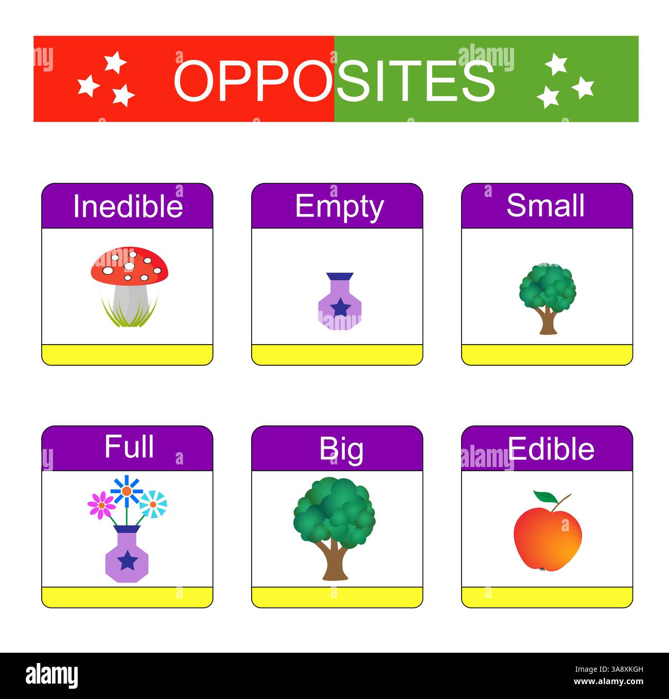 Educational material for kids opposites words: big small, empty full ...
