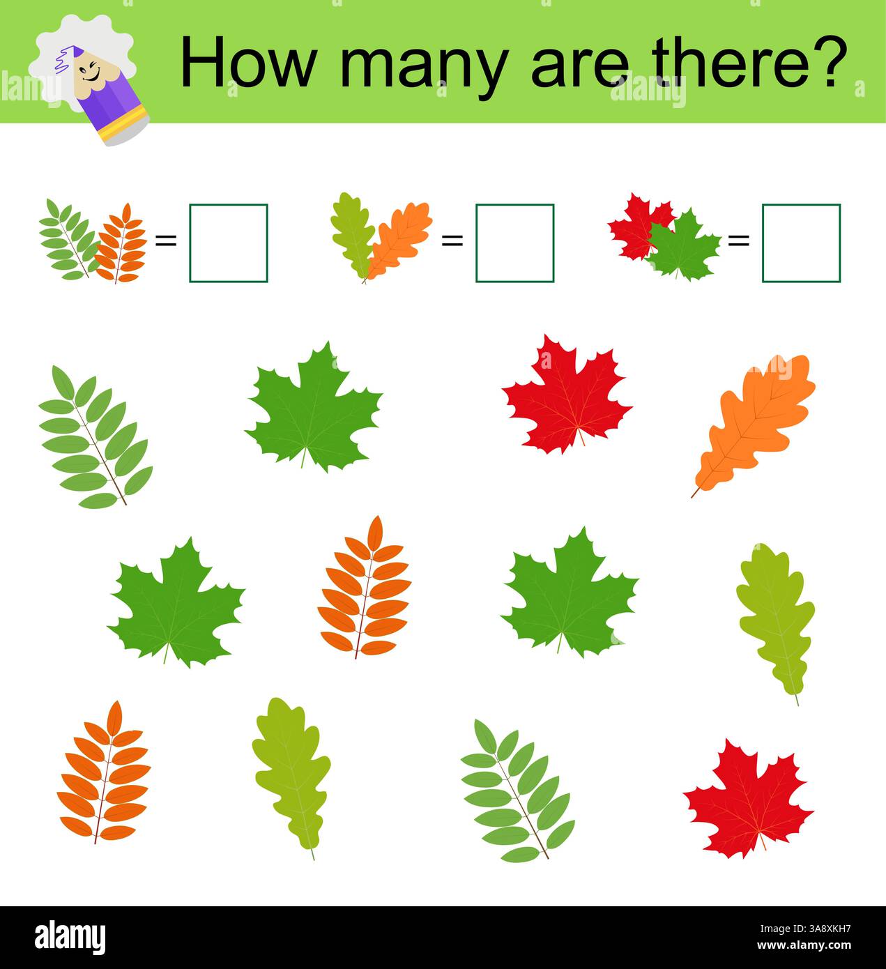 Math activity for kids. Developing numeracy skills. Cartoon oak, rowan ...