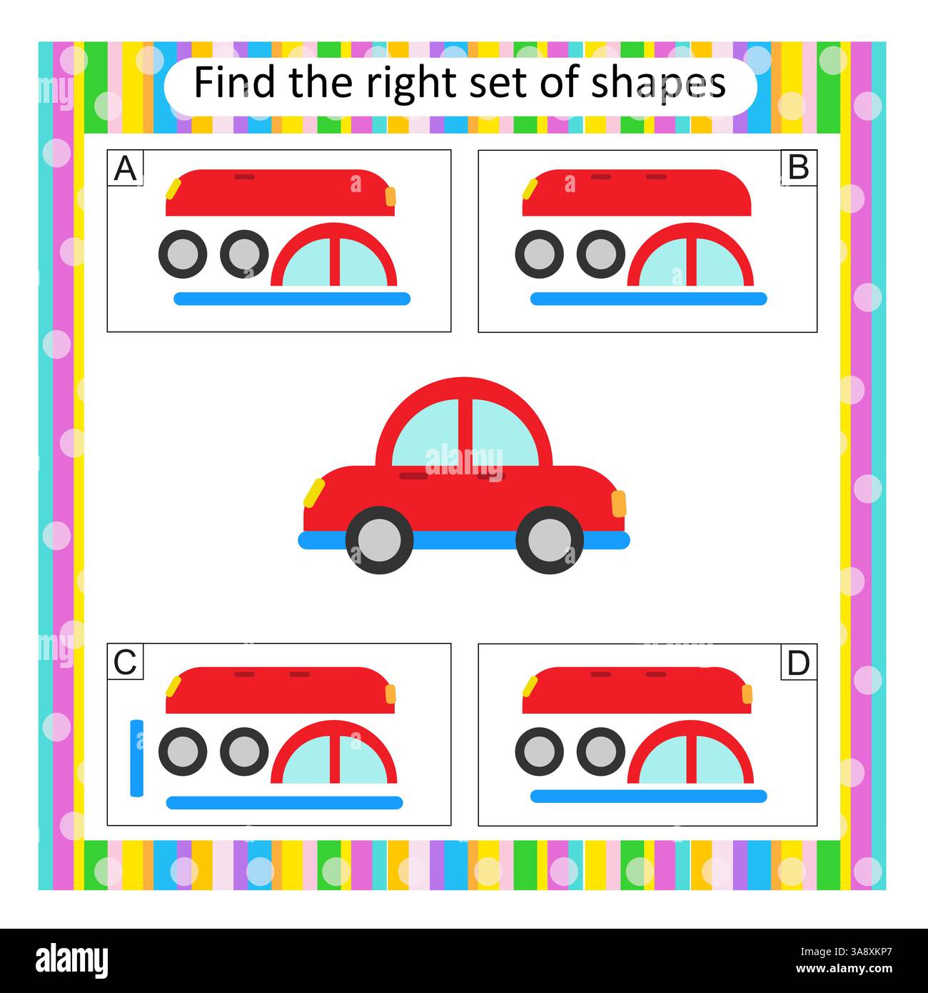 Logic puzzle for children. Find the correct set of cartoon car. Preschool worksheet activity ...