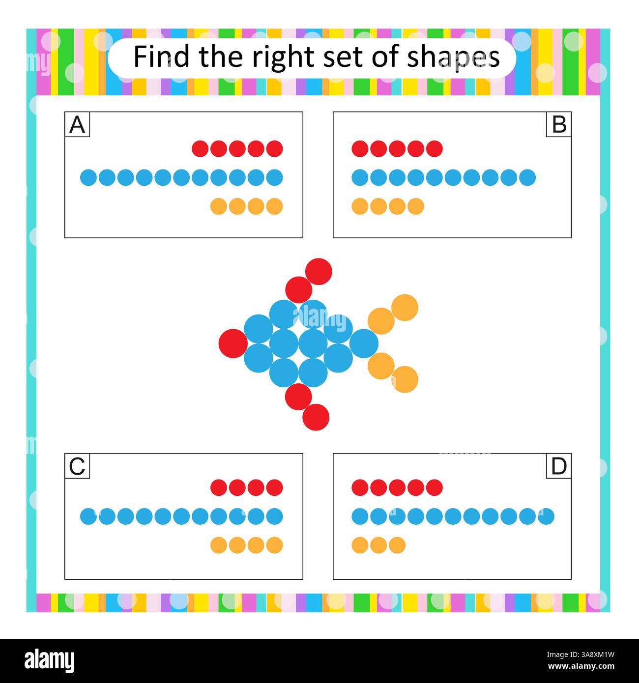Logic puzzle for children. Find the correct set of cartoon fish. Vector illustration. Answer is ...